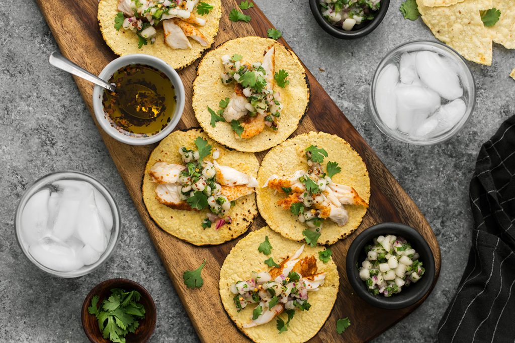 Mini Fish Tacos with Bartlett Pear Salsa & Chili Drizzle – California Pears